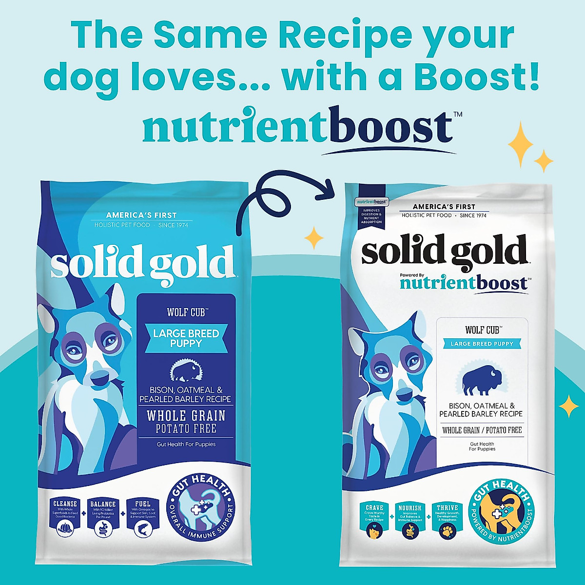 Solid Gold Large Breed Puppy Food w/Nutrientboost - Made with Real Bison, Oatmeal & Barley - Wolf Cub Whole Grain Puppy Food for Large Breed for Healthy Growth and Balanced Nutrition - 3.75 LB Bag