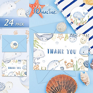 Whaline 24Pcs Under the Sea Thank You Cards Watercolor Marine Animals Theme Greeting Cards with Envelope Stickers Cartoon Blank Note Cards for Birthday Wedding Baby Shower, 4 x 6 Inch