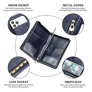 Contacts Passport Wallet Leather Family Passport Holder for 4 Travel Documents Organizer RFID Blocking Zipper Blue Card Wallet with 13 Card Slot