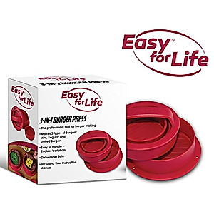 Easy for Life Stuffed Burger Press Kit 3 in 1 - Exclusive Red Color with 20 Free Wax Patty Papers, Non Stick Hamburger Maker, Homemade Patties & Sliders, Patty Molds, Veggie Hamburger Press Shaper