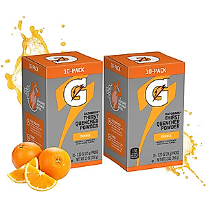 Gatorade Thirst Quencher Powder Sticks, Orange, Total of 20 Counts, 1.23oz Gatorade Powder Packets with Electrolytes (2 Packs of 10)
