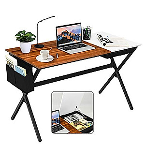 Tangkula 47’’ Computer Desk w/Cube Drawer, Home Office Writing Desk with Side Storage Bag, Modern Stylish PC Study Table Workstation for Bedroom (Walnut & White)