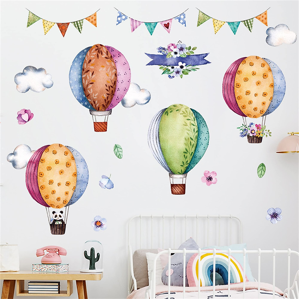 WAFT YEARN Waterproof Removable Vinyl PVC Hot Air Balloon Flower Wall Decal Wall Sticker Decor Bedroom Bathroom Nursery Kidsroom School Classroom Livingroom