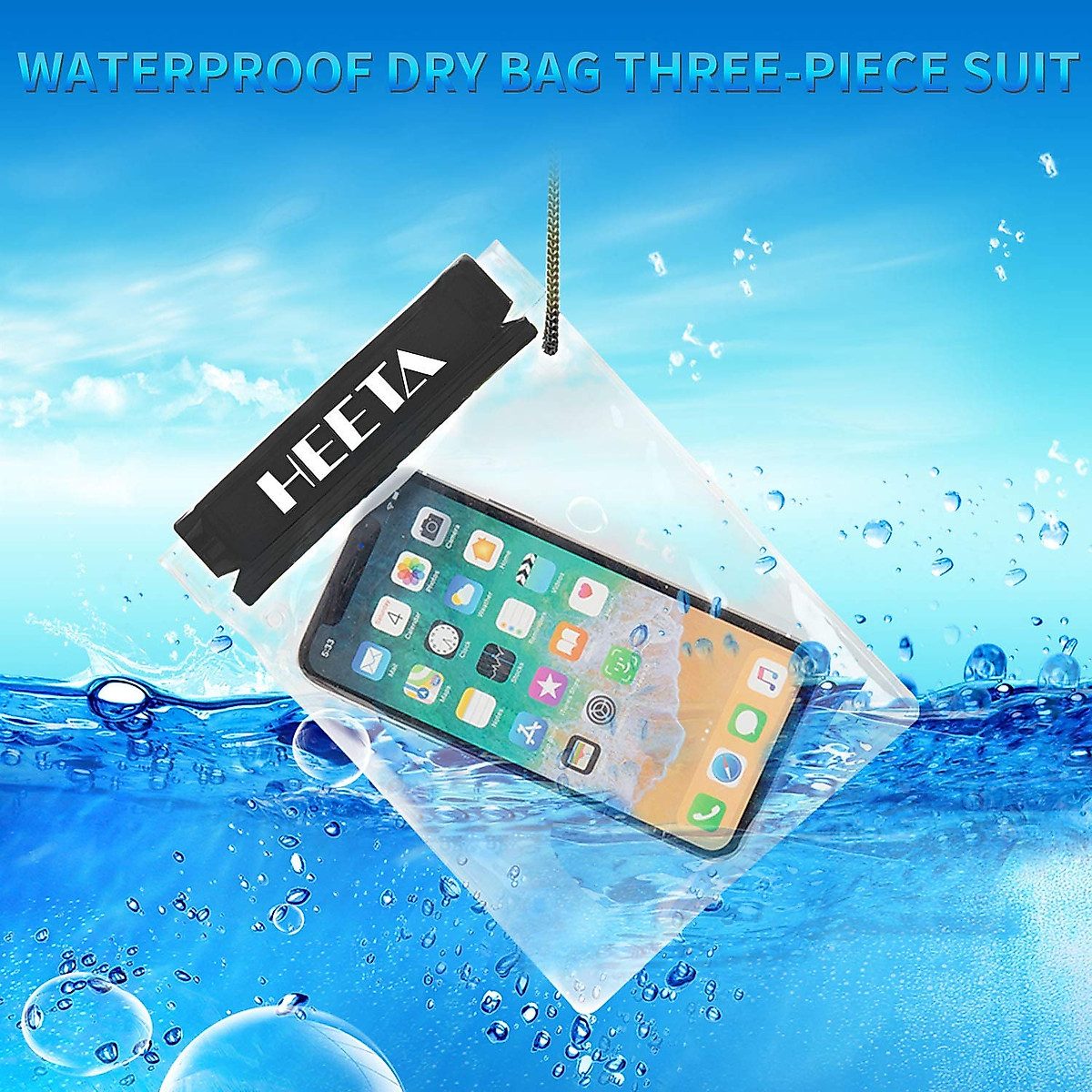 HEETA Waterproof Pouch, Screen Touch Sensitive Waterproof Bag Black & White L Bundle with 5-Pack Clear Waterproof Dry Bag
