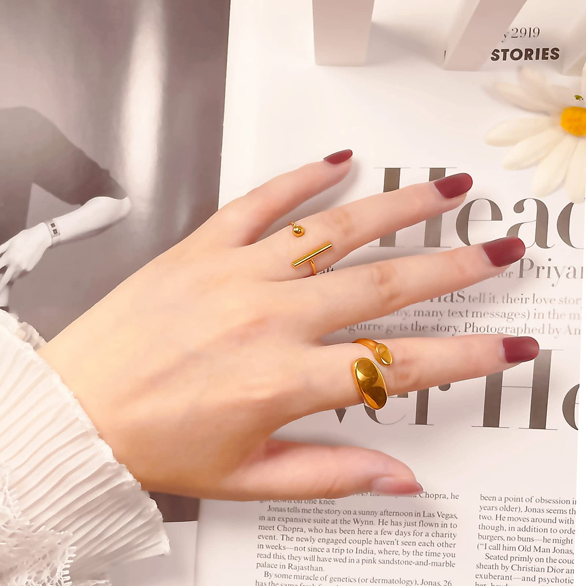 Chunky Dome Ring Stainless Steel Statement Rings for Women Teen Girls Irregular Geometric Rings Titanium Stackable Rings Adjustable Knuckle Midi Rings Set Open Finger Rings Aesthetic Jewelry (Gold)