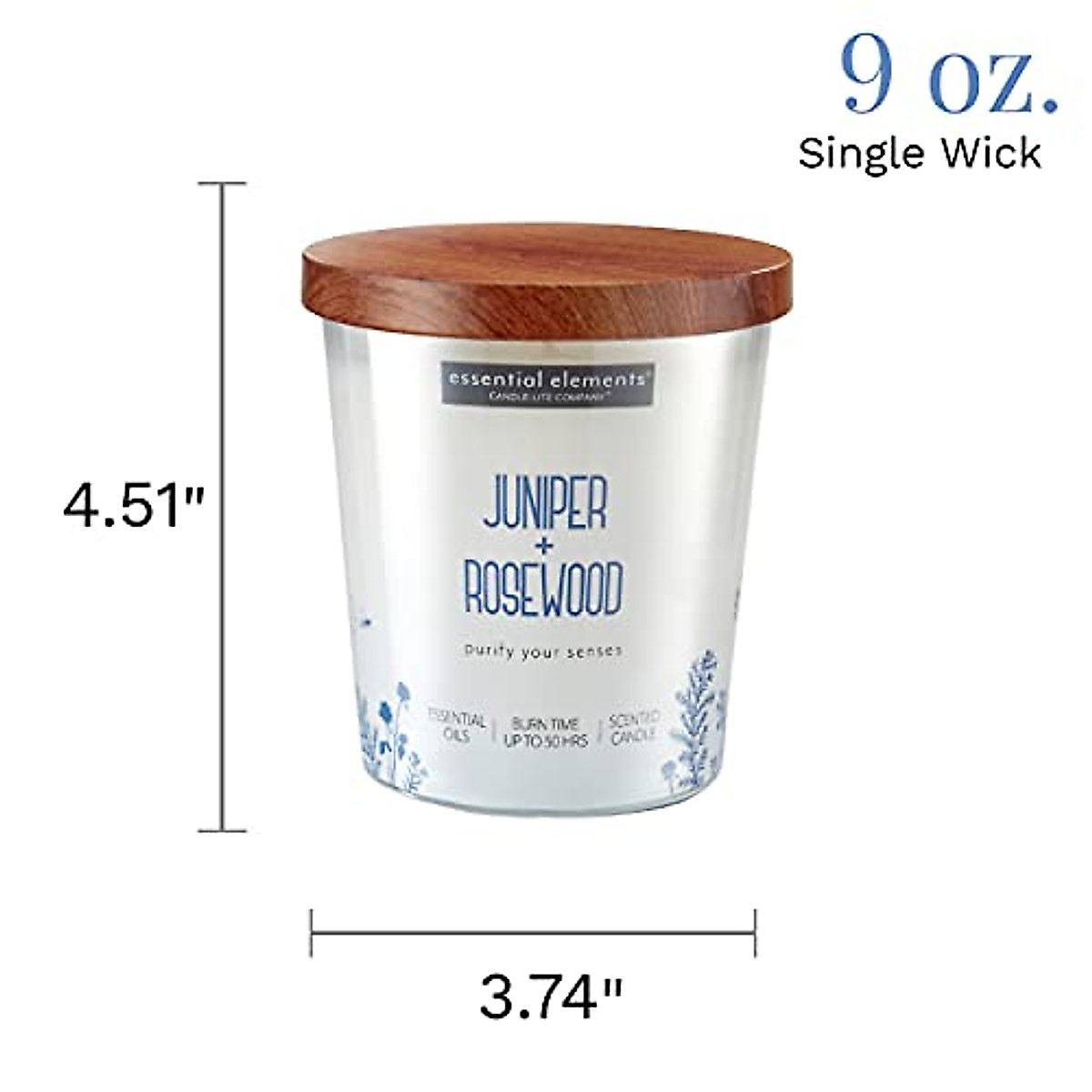 Essential Elements by Candle-lite Scented Candles Juniper & Rosewood Fragrance, One 9 oz. Single-Wick Aromatherapy Candle with 50 Hours of Burn Time, Off-White Color
