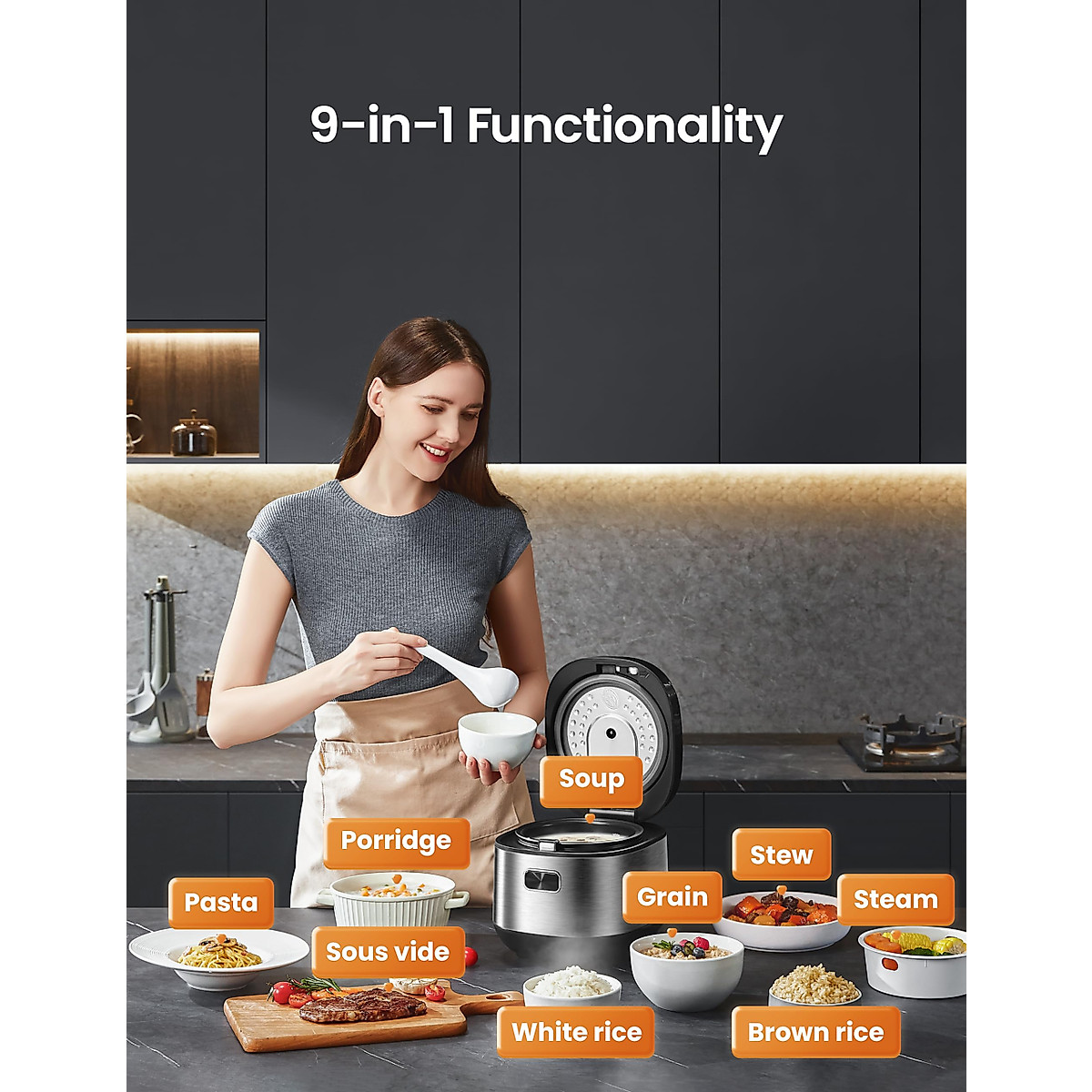 COMFEE' Compact Rice Cooker 8 Cups Cooked/4 Cups Uncooked, 9-in-1 Multi Cooker, Fast Rice Maker, Steam, Brown Rice, Grains, Fuzzy Logic Technology, Grey