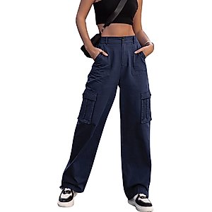 ZMPSIISA Women High Waisted Cargo Pants Wide Leg Casual Pants 6 Pockets Combat Military Trousers(Navy,Medium)