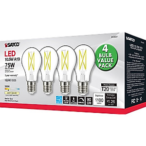 Satco S12437 A19 LED 4-Bulb Value Pack, 75W Replacement, 3000K, Clear