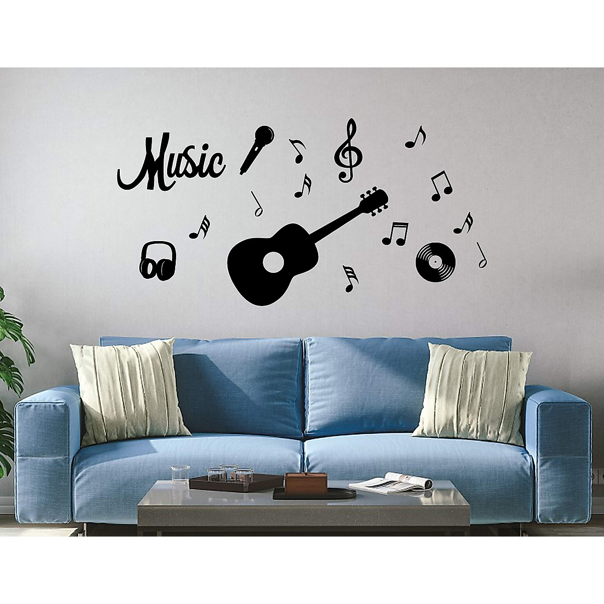 Guitar Music Wall Decal Sticker Musical Notes Music Notes Wall Decor Music Art Home Decor Vinyl Wall Mural Home Music Art Decoration Wall Stickers (1*Black+1*Grey)