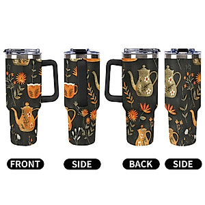 YTLKGFP 40 Oz Large Capacity Car Cup Plants And Teapot Tumbler with Handle (Black) Straw Lid Insulated Stainless Steel Water Bottle Travel Mug Leak-proof Car Cup Keeps Cold Or Hot