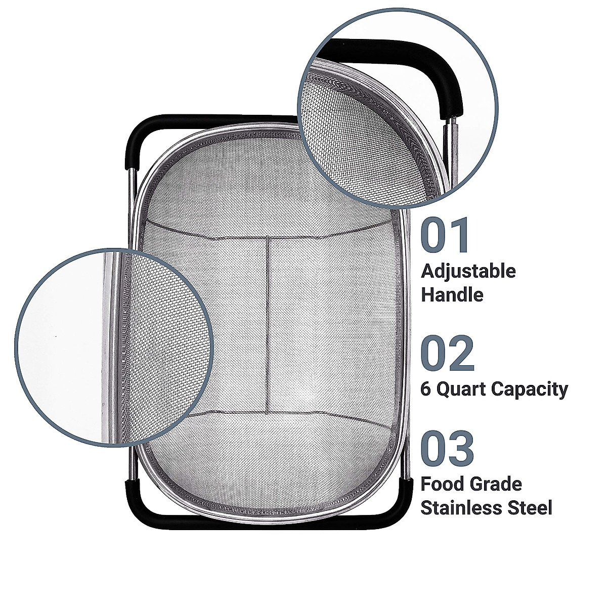 Makerstep Over the Sink Colander Strainer Basket Stainless Steel, For Kitchen Sink with Rubber Grip, Fine Mesh, Large Kitchen Gadgets Tools, Expandable Sink Strainer Home Kitchen Essentials