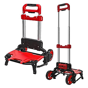 Magna Cart Durable 150 Pound Weight Capacity Foldable Hand Truck Utility Shopping Cart with Wheels and Bungee Cord to Secure Heavy Loads, Black/Red
