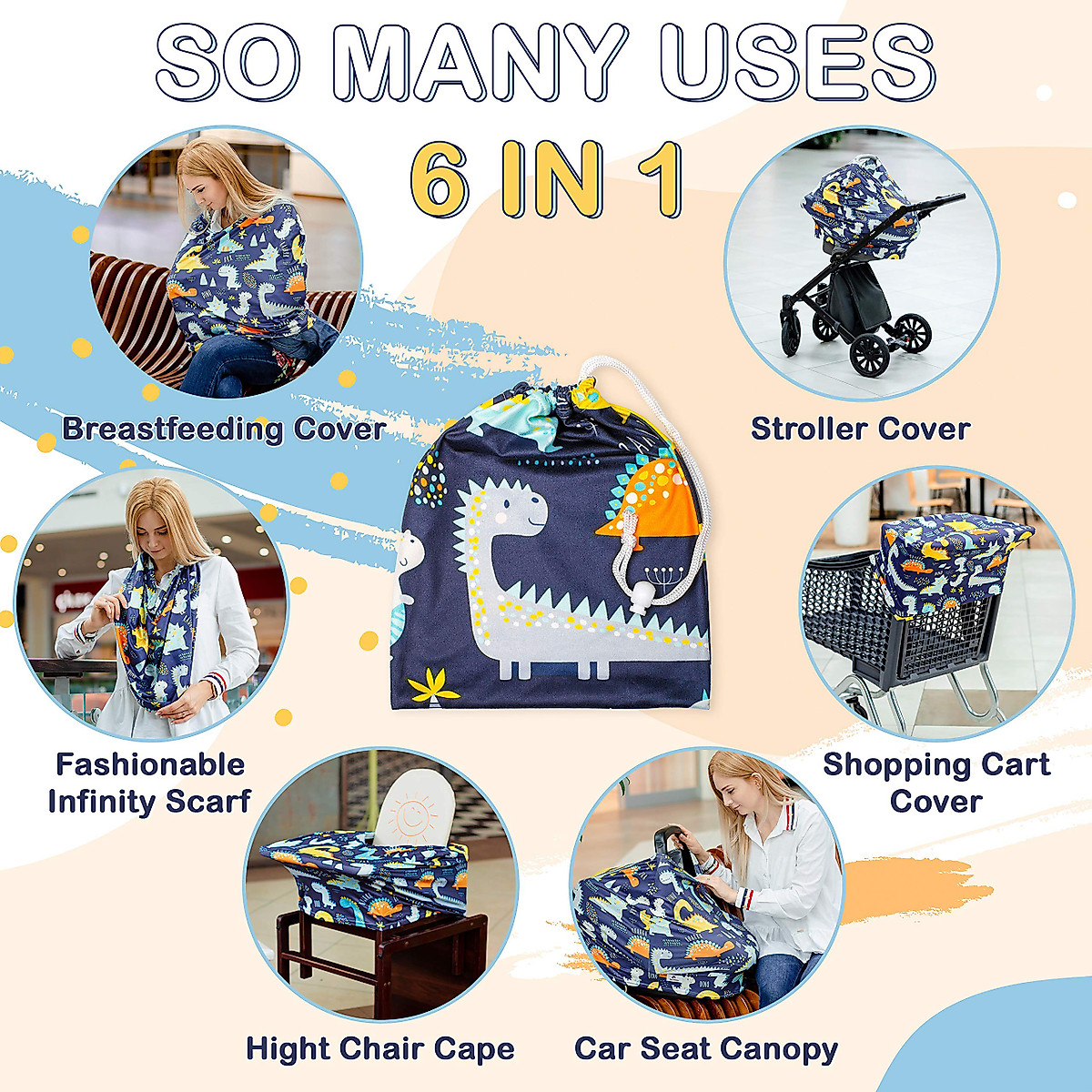Multi Use Nursing Breastfeeding Cover Scarf - Car Seat Canopy - Shopping Cart - High Chair - Stroller and Carseat Covers for Boys and Girls-Infinity Stretchy Shawl - Baby Shower-Dinosaurs