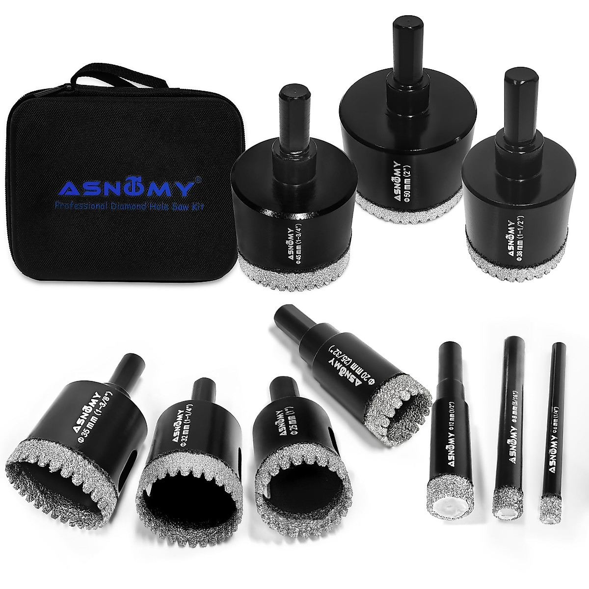 ASNOMY 10PCS Diamond Hole Saw Set, 1/4"-2"Inch Serrated Brazing Tile Hole Saw Diamond Core Drill Bits Set with EVA Mold Hole Saw Guide Jig for Porcelain Tile Glass Ceramic Stone Granite Marble
