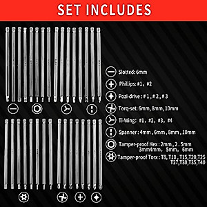 Sunplux Extra Long Security Bit Set 32-Piece, 6” Long Shank Tamper Proof Torx Bit Set, CRV Steel Drill Bit Set with Holder