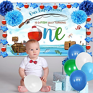 O Fishally One First Birthday Decorations,Gone Fishing Party Supplies Include Fish Bobber Banner,Our Little Man Is Ofishally Turning One Backdrop Balloons for Baby Boy 1st Birthday Supplies