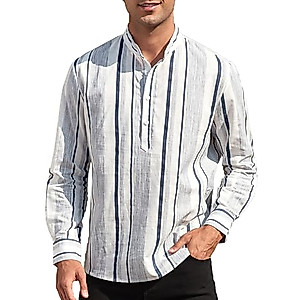 ZAFUL Men's Casual Linen Striped Henley Shirts Long Sleeve Hippie Tops T Shirts