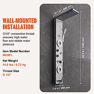 VEVOR Shower Panel System, 6 Shower Modes, LED & Display Shower Panel Tower, Rainfall, Waterfall, 4 Body Massage Jets, Tub Spout, Handheld Shower Head 59" Hose, Stainless Steel Wall-Mounted Shower Set