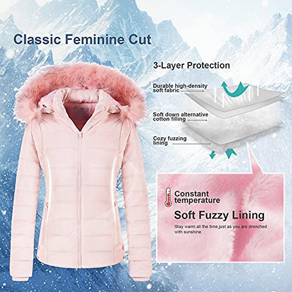 Chrisuno Women's Heavyweight Long-Sleeve Plus Size Puffer Coat Windbreaker Clothes With Removable Hood Pink 3XL