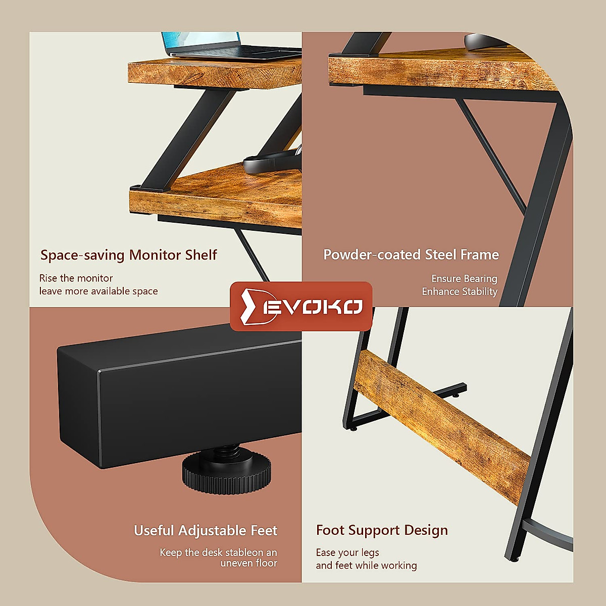 Devoko L Shaped Gaming Desk Computer Desk 51” Office Corner Desk with Monitor Stand Home Gaming Writing Study Table Workstation for Small Space (Rustic Brown)