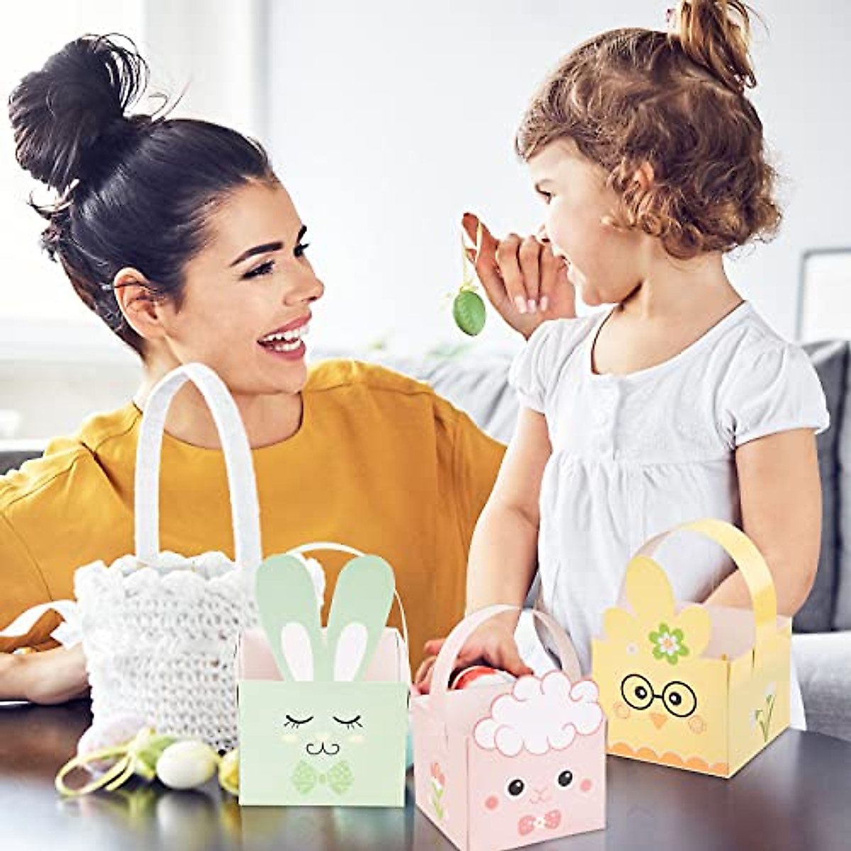 Whaline 24 Pack Easter Treat Boxes with Handle Easter Rabbit Bunny Chick Lamb DIY Basket Containers Cute Animal Style Candy Cookie Goodie Gift Holder Box for School Classroom Party Favor Supplies