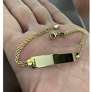 14kt Yellow Gold Name Bar Id Bracelet – Handmade 18k Solid Personalized Bracelets - Free Customizable Engraving Identification – Elegant Women's Gift Adjustable 6.5 ,7 ,7.5 Inches (Yellow, gold 14k)