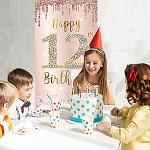 12th Birthday Door Banner Decorations for Girls, Pink Rose Gold Happy 12 Birthday Sign Door Cover Backdrop Party Supplies, Large 12 Year Old Birthday Poster Background Photo Booth Props Party Decor