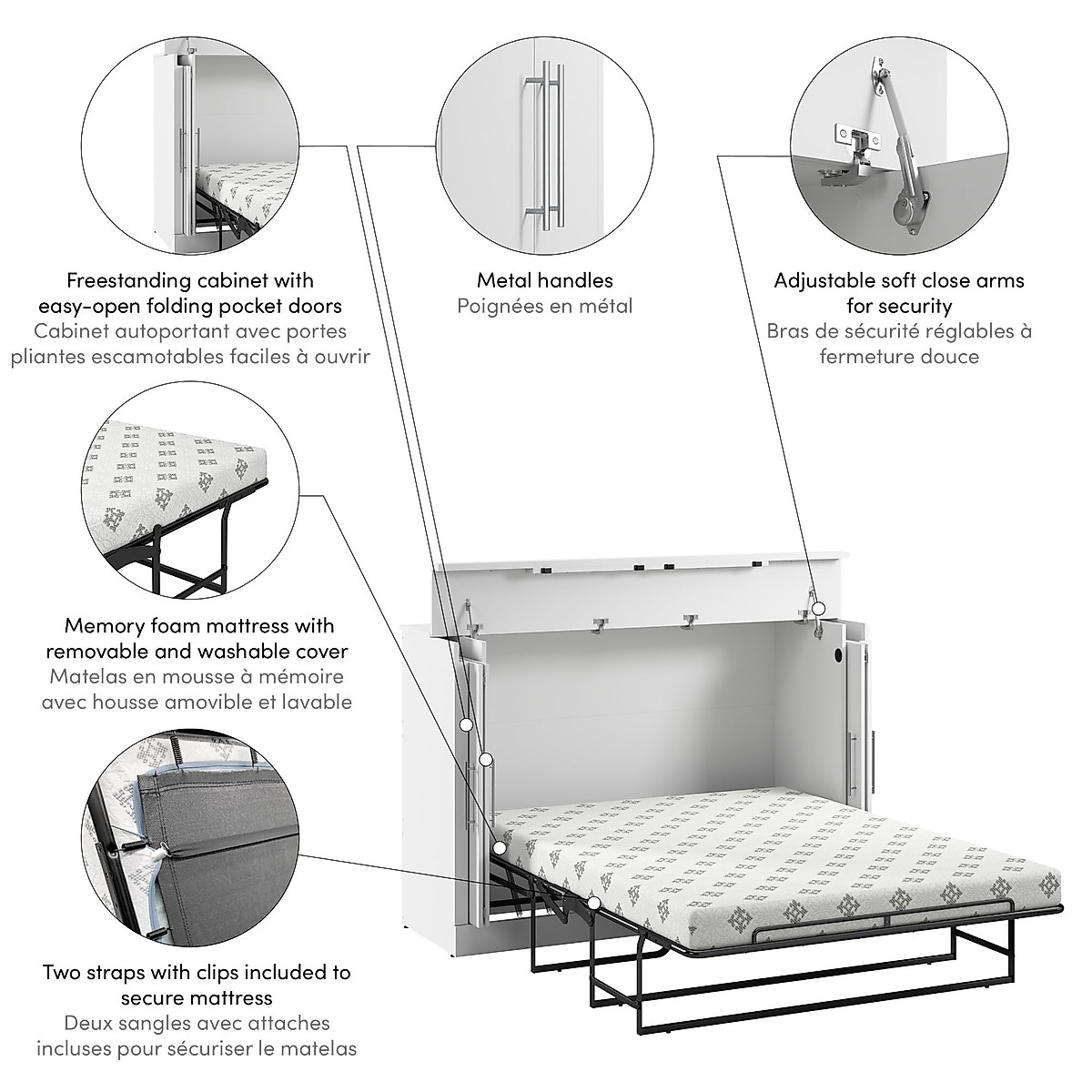 Bestar Nebula 75W Queen Size Murphy Cabinet Bed with Mattress in White, 75-inch Space-Saving Sleeping Arrangement for Multipurpose Guest Room or Home Office