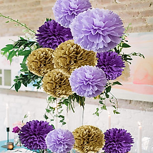 Graduation Decorations 2022 12pcs Tissue Paper Flowers Purple Gold Birthday Decorations Women Purple Gold Bridal Shower Decorations Glitter Gold Purple Wedding Decor Bridal Shower Decorations