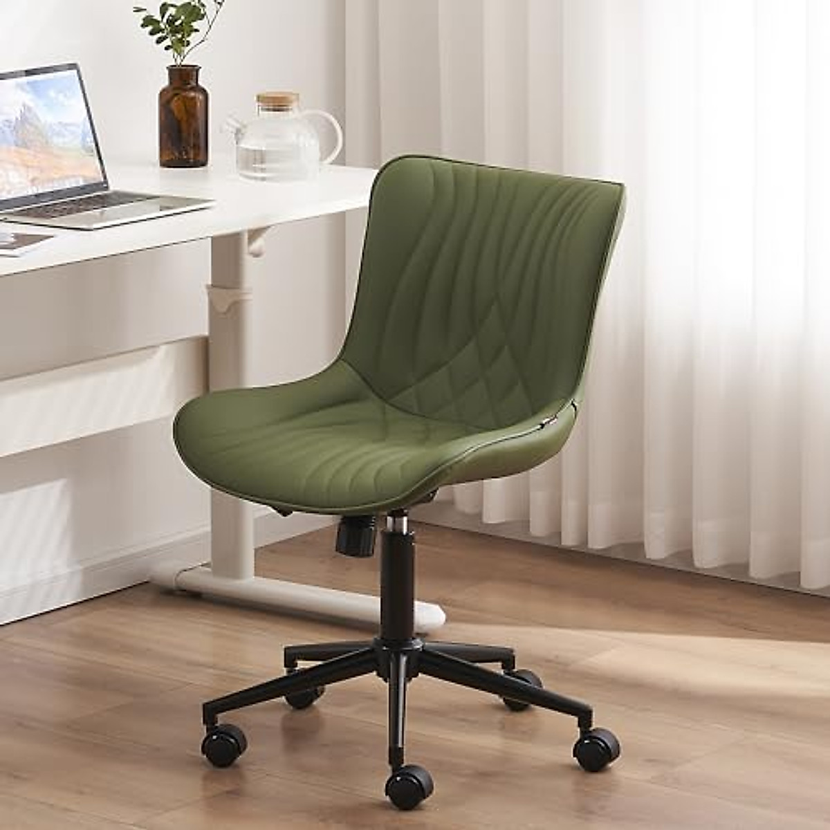 YOUTASTE Office Chair Armless Desk Chair Small Computer Swivel Rolling Chair with Wheels, Modern Upholstered PU Leather Computer Task Chair, Adjustable Home Office Desk Chairs, Olive Green