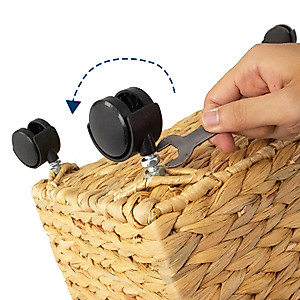 PEMAR Set 2 (different sizes nesting in a set) Natural Wicker Rolling Storage Baskets on Wheels w Insert Handle, Under Table Under Desk Storage Bins, Mobile File Cabinet Organiser. Water Hyacinth