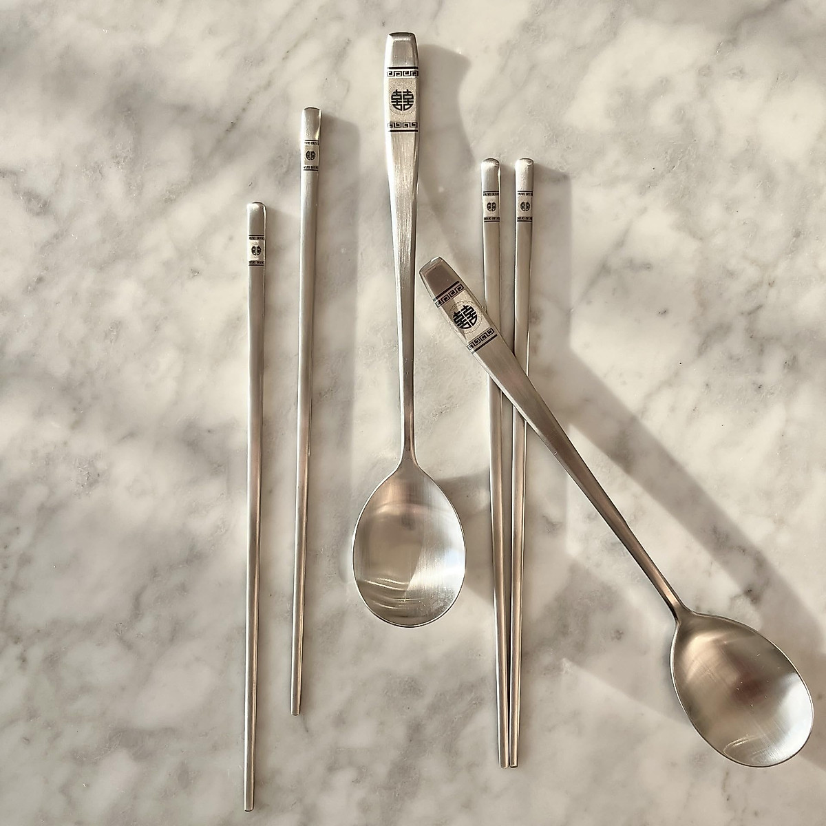 cozymomdeco Korean Made Silver Color Cutlery Spoon Chopsticks 18-10 Stainless Steel Printed Traditional Pattern_2 SET