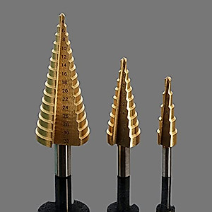 MUXSAM 3Pcs Step Drill Bit Set, HSS Titanium Drill bit, 3-Flat Shank Cone Drill Bits, 2-Flute Design Step Drill , Multi Size Stepped Up Unibit for Plastic, Wood, Sheet Metal Hole Drilling, DIY Lovers(4-12mm/4-20mm/4-32mm)
