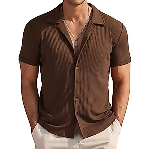 COOFANDY Men Camp Collar Shirts Short Sleeve Button Up Shirts Knit Textured Shirts Slim Polo Shirts Brown
