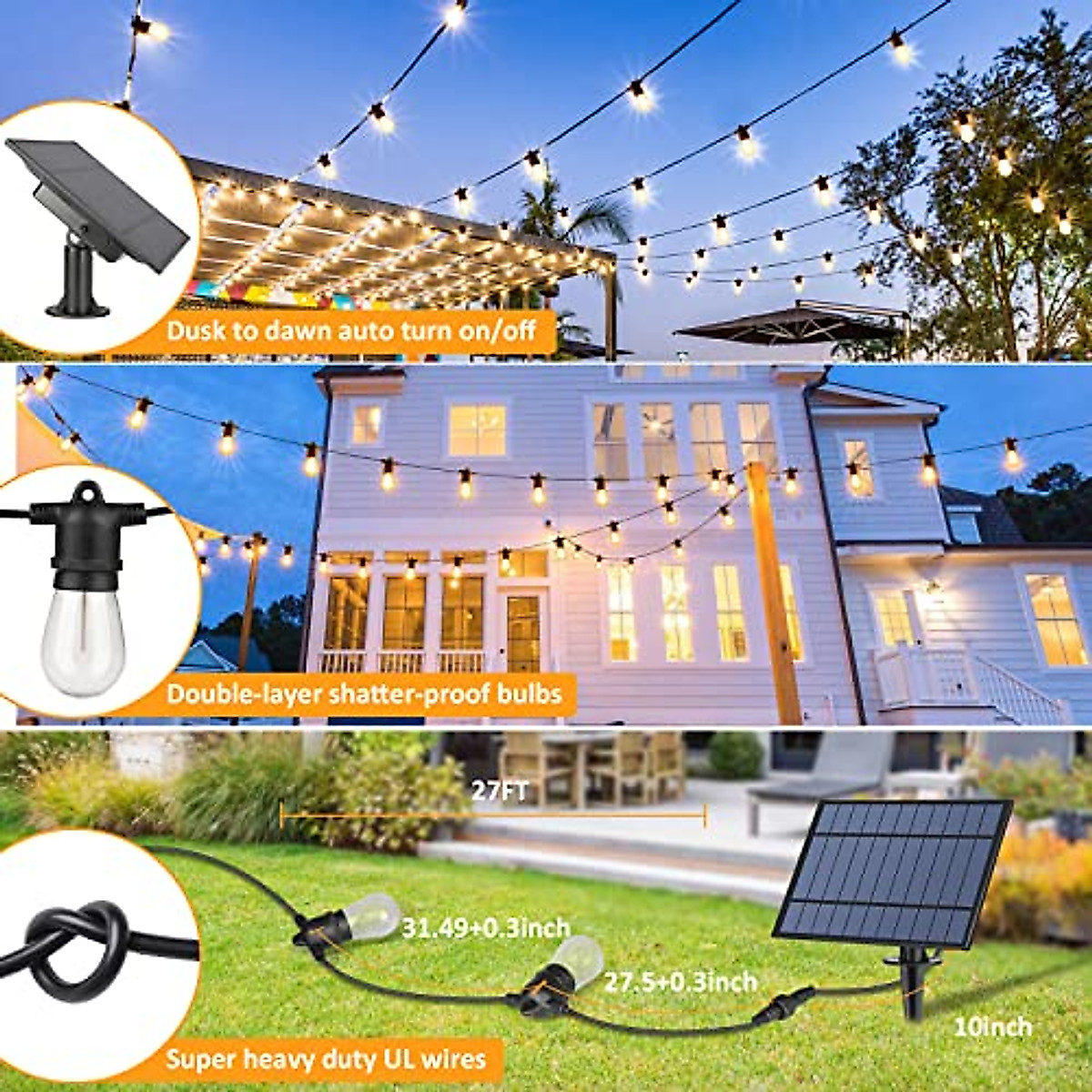 WENFENG Solar Outdoor String Lights, 3 Colors Patio String Light with 27FT Waterproof String, S14 Bulbs, Dimmable LED Solar String Lights for Patio