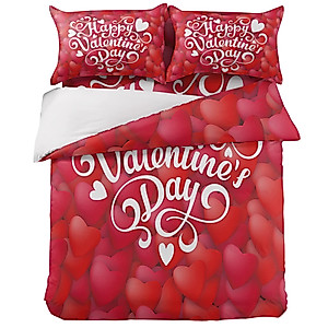 4 Pieces Queen Size Duvet Cover Bedding Sets Happy Valentine's Day Soft Bedspread Flat Sheet Decorative Pillowcases Funny Text on Red Love Heart Backdrop for Bedroom
