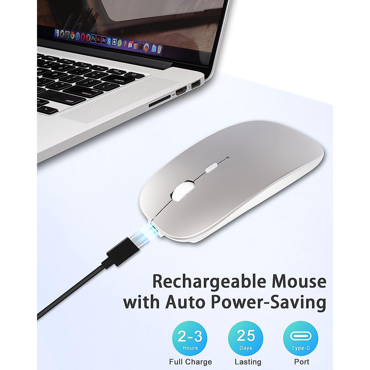 Bluetooth Mouse, Rechargeable Wireless Mouse Compatible with Macbook Air/Pro/Mac/iPad/Laptop/Tablet/Notebook/PC/Desktop, Slim Portable USB Mice for Windows/Linux/Android/(iOS 13.1.2 and Above), Sliver