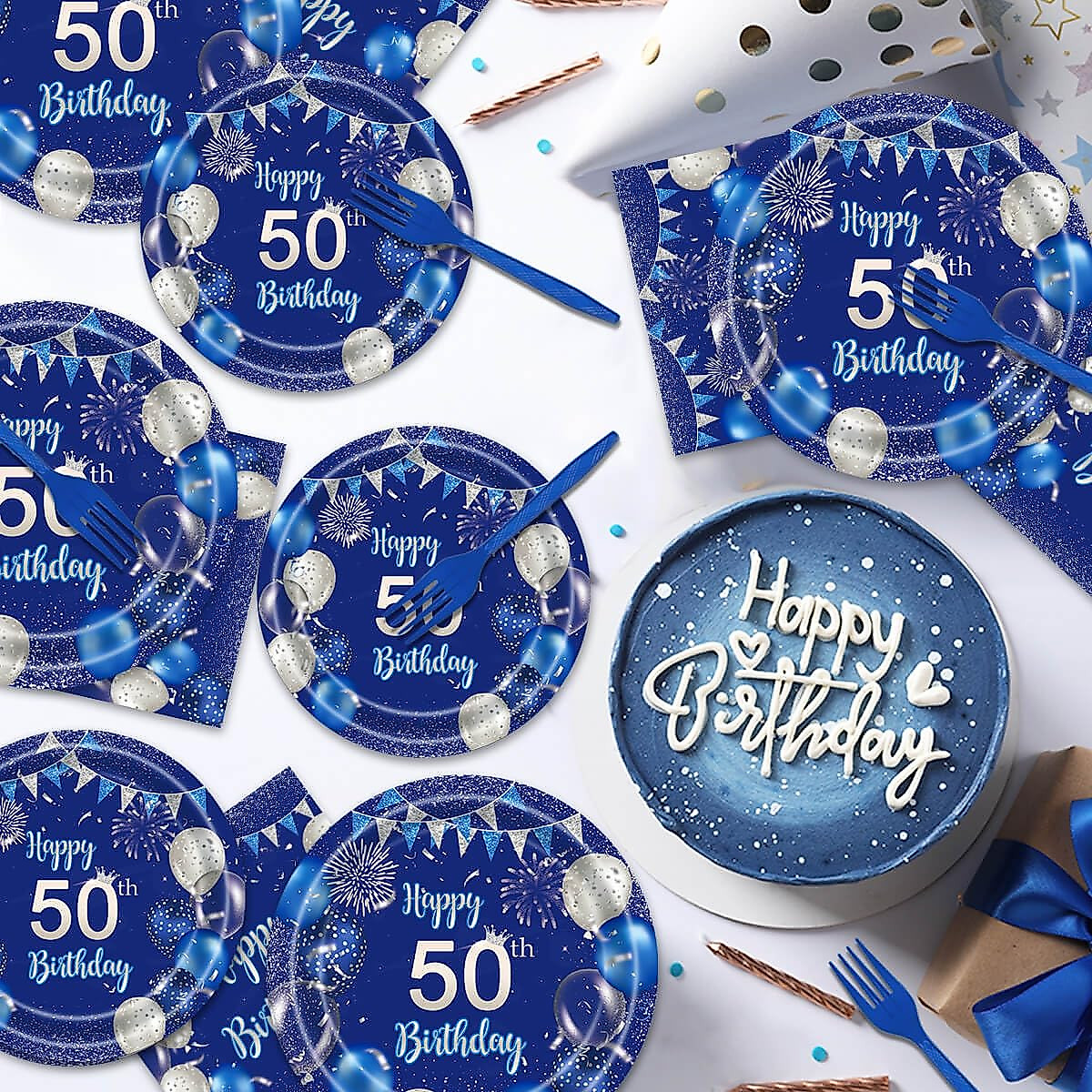 96 Pcs Blue 50th Birthday Party Plates Napkins Tableware Set Happy Birthday Supplies Navy Blue and Silver Disposable Dinnerware Decoration Favors for Women Men 24 Guests