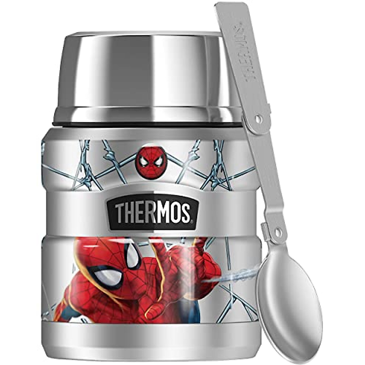 THERMOS Spider Man Spider Man Web STAINLESS KING Stainless Steel Food Jar with Folding Spoon, Vacuum insulated & Double Wall, 16oz