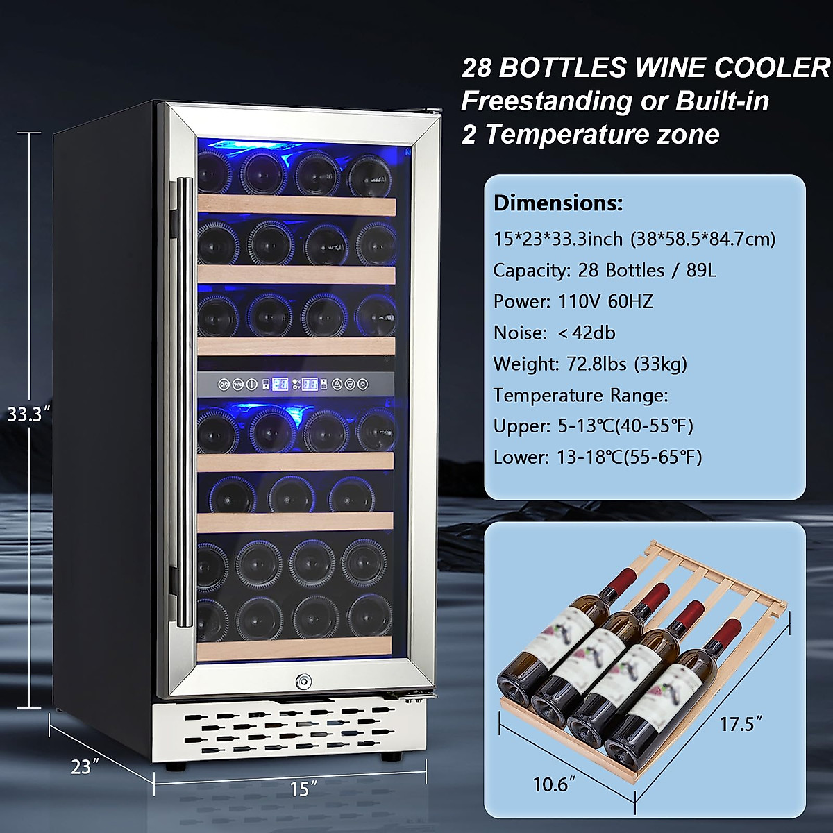 Garvee Wine Fridge, Wine Cooler Dual Zone 28 Bottles with Glass Door, Adjustable Shelves, Digital Temperature Control for Red, White and Champagne, Freestanding/Built-in