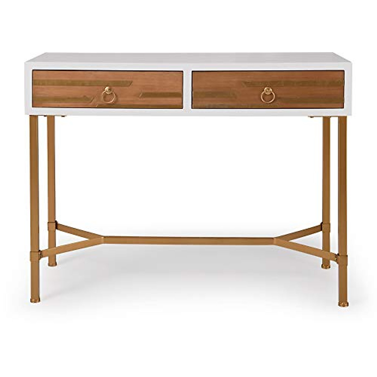 Adore Decor Jupiter Console Table with 2 Drawers, Mid Century Modern Rectangular Small Space Accent Desk for Living Room, Entryway, Home Office, Metal Legs, Easy Assembly, White and Gold