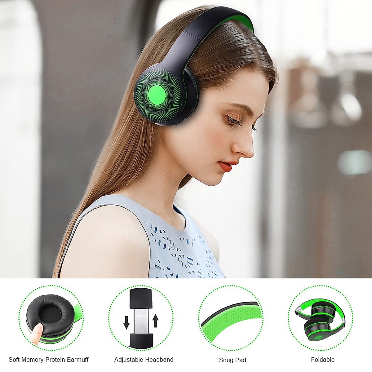 IFECCO Wireless Bluetooth Headphones Over Ear with Build-in Microphone and 3.5mm Cable for Wired Headset Mode with Comfortable Soft Earpads Long Battery Life HD Stereo Sound (Green)