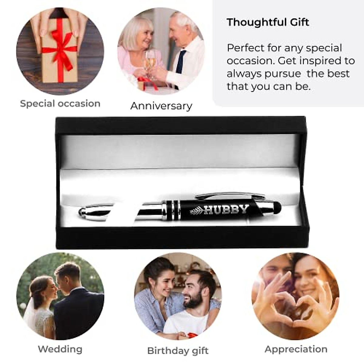 "HUBBY" Engraved Gift Pen w/LED Light & Stylus Tip - Gift Ideas for Husband from Wife for Anniversary, Wedding, Valentine's Day, Father's Day - Multi-function Pen with Presentation Box