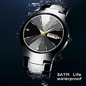 GUANHAO Ceramic Watches for Men, Black Business Men's Wristwatches with Calendar and Weeks, Quartz Watches with Ceramic Band Diamond Dial for Male Luminous Hands