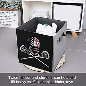 Lacrosse Helmet Flag Foldable Storage Bins Printd Fabric Cube Baskets Boxes with Handles for Clothes Toys, 11x11x11