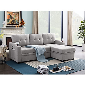 Lilola Home Mabel Light Gray Linen Fabric Sleeper Sectional with cupholder, USB Charging Port and Pocket