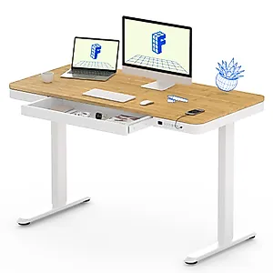 FLEXISPOT Comhar Electric Standing Desk with Drawer Desktop & Adjustable Frame w/USB Charge Ports (Bamboo Texture/White, Wood)