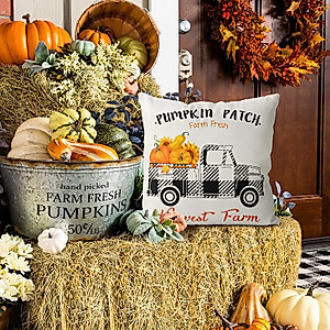 MingTa Happy Fall Pillow Covers 18x18 Set of 4, Linen Buffalo Plaid Maple Pumpkin Truck Farmhouse Thanksgiving Throw Pillow Covers Outdoor and Indoor, Pillow Cases for Sofa Couch Fall Home Decor