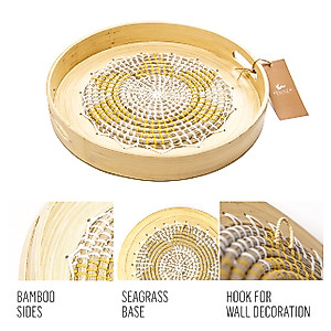 Round seagrass woven tray with handles, bamboo and seagrass tray, handmade decorative tray for table counter piece, coffee table and breakfast tray, wicker fruit basket, , hanging wall basket(14 inch)
